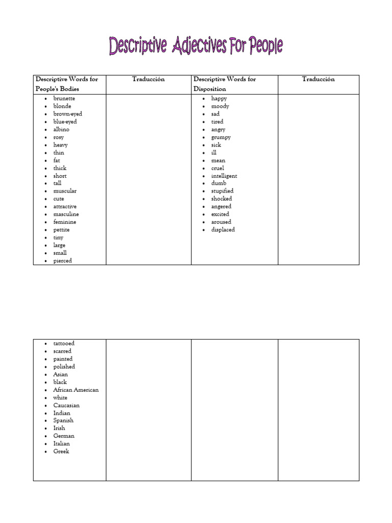 Describing Adjectives For People | PDF | Human Appearance | Color