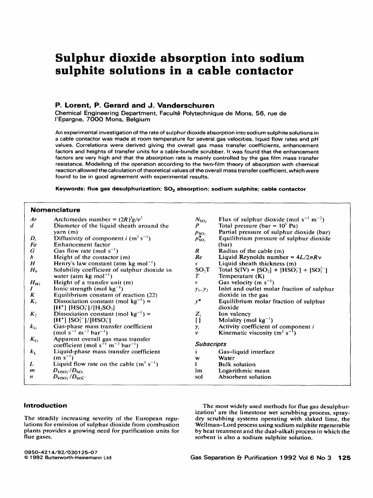 Sulphur Dioxide Absorption Into Sodium Sulphite Solutions in A Cable ...