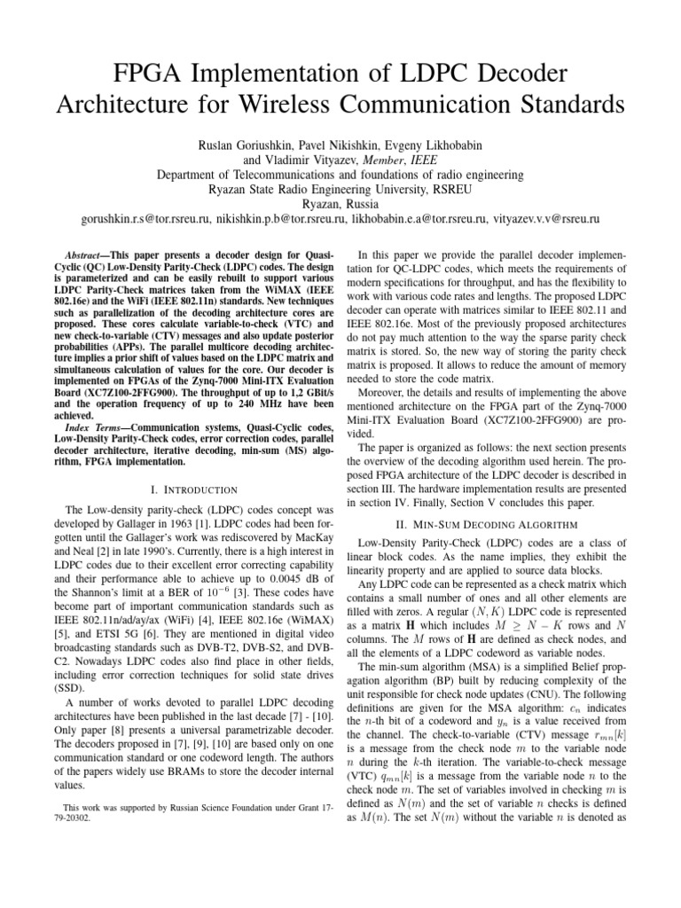 FPGA LDPC Decoder for Wireless Standards | PDF | Low Density Parity Check Code | Data Transmission