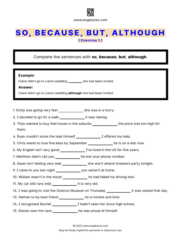 So, Because, But, Although Exercises | PDF