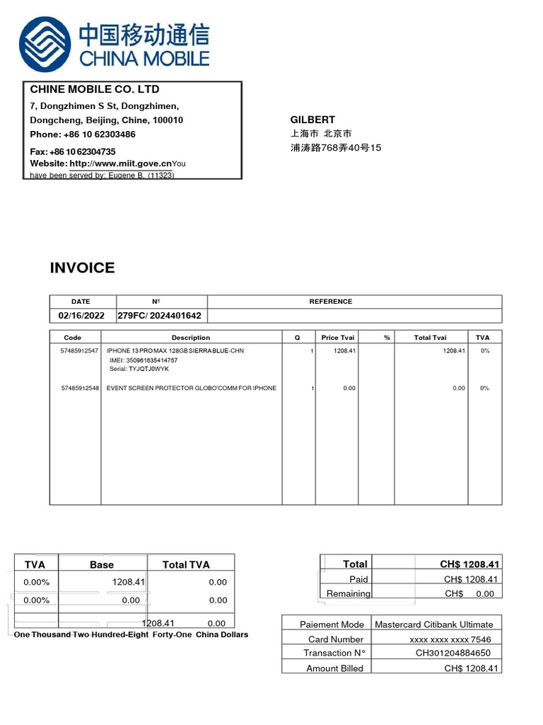 Invoice for iPhone 13 Pro Max Purchase | PDF