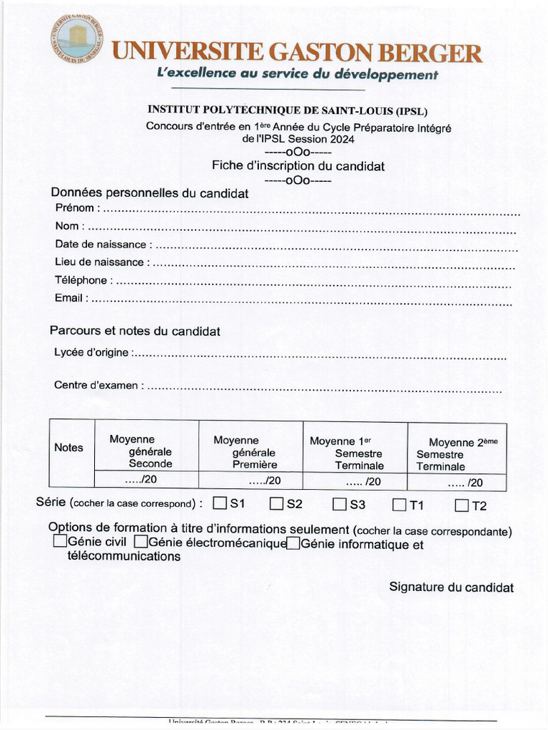 Fiche D'inscription Du Candidat Au Concours D'entrã© e en 1Ã Re Annã© e ... Fiche D'inscription Du Candidat Au Concours D'entrã© e en 1Ã Re Annã© e ...