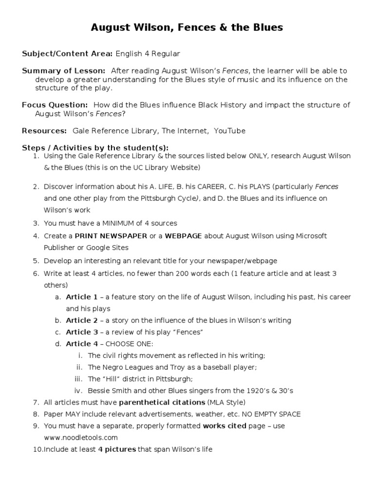 The Blues Influence on August Wilson and his Play Fences | PDF ...
