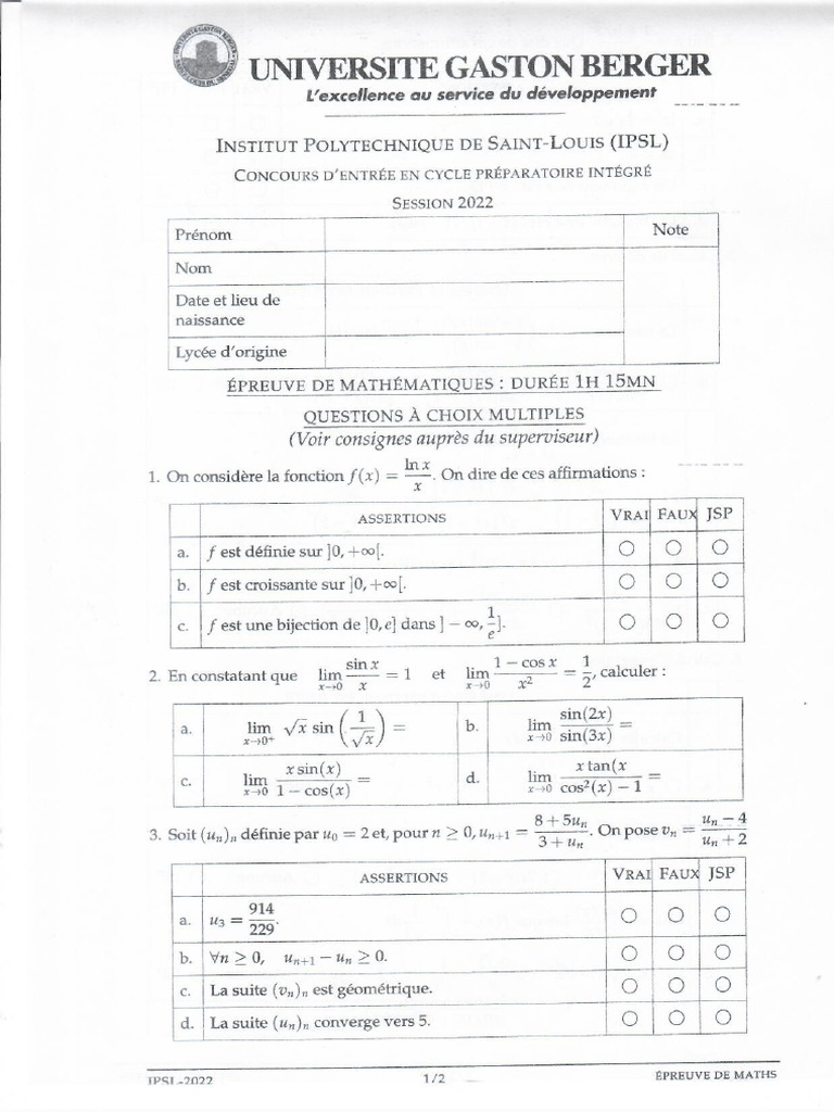 Epreuves Mathematique | PDF