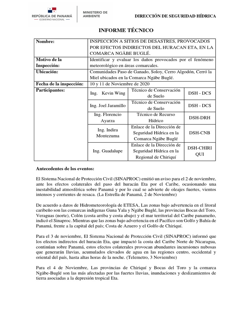 Informe Técnico - Comarca Ngabe Bugle - Huracan Eta | PDF | Inundar | Panamá