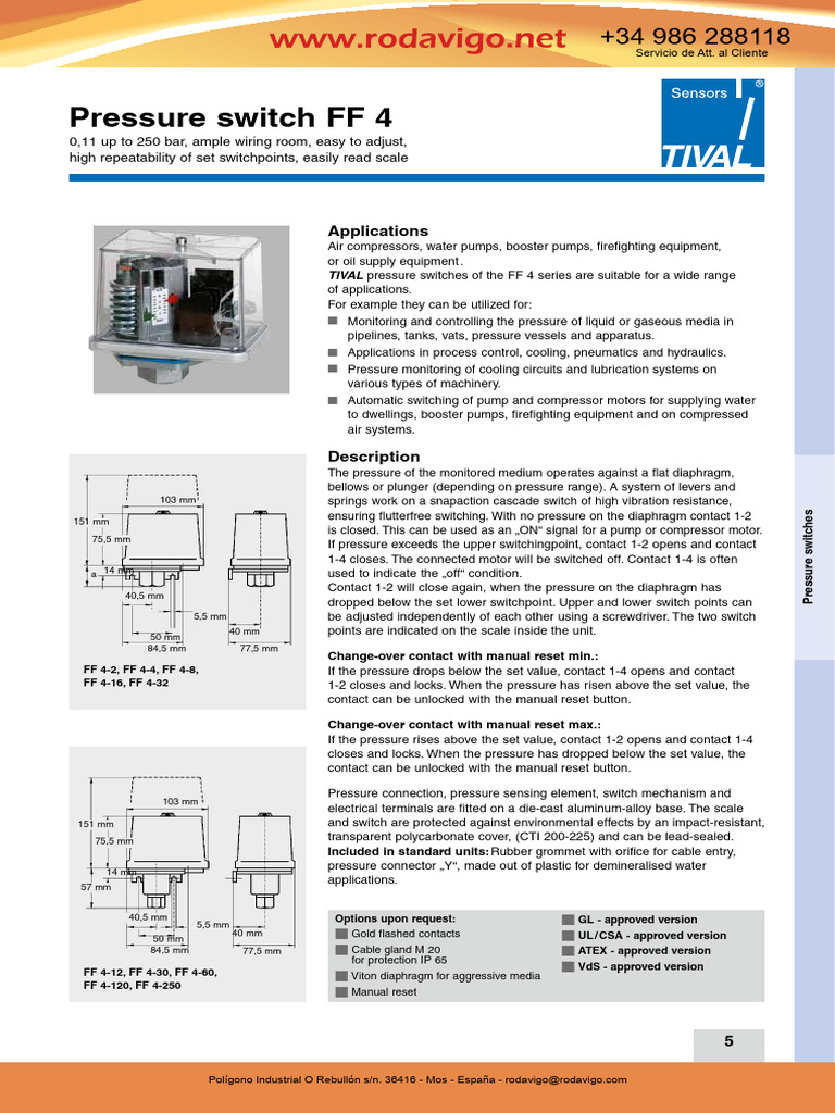 Presostato Serie Ff4 Tival | PDF | Pneumatics | Electrical Connector