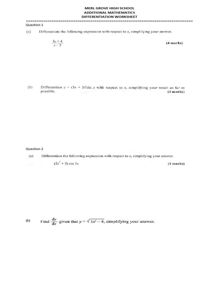 Differentiation Worksheet for Math | PDF