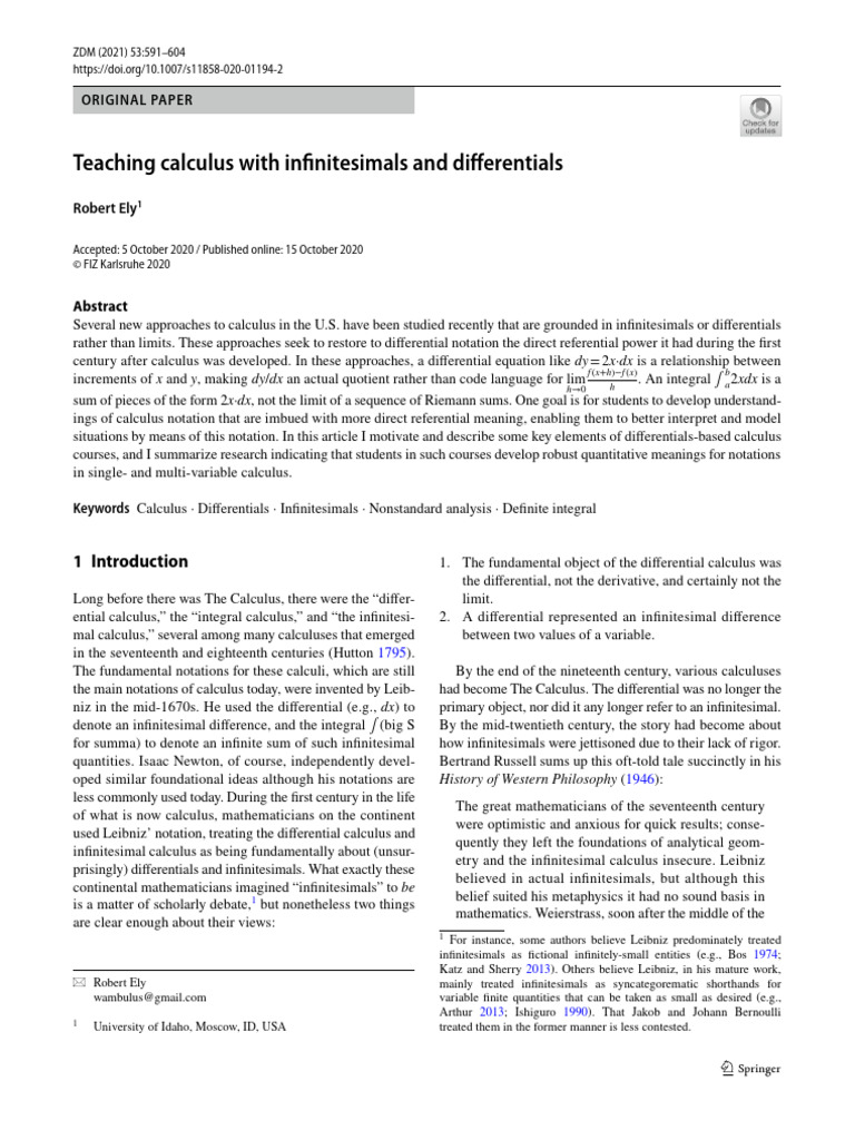 Teaching Calculus With Infinitesimals and Differentials | PDF ...