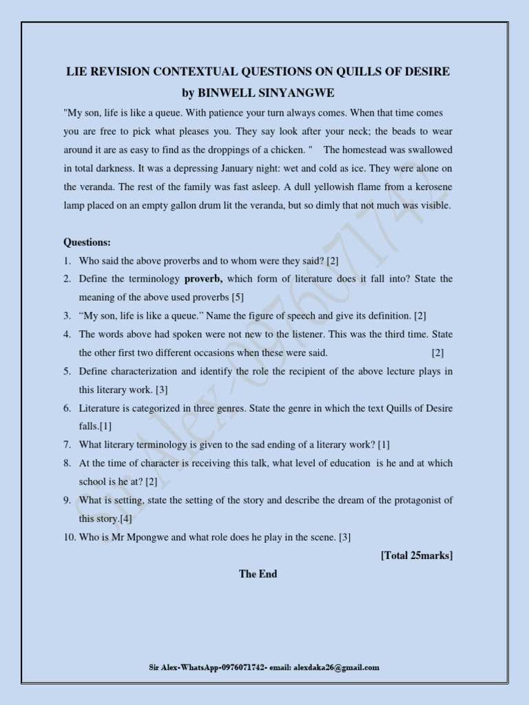 Lie Revision Contextual Questions On Quills of Desire | PDF