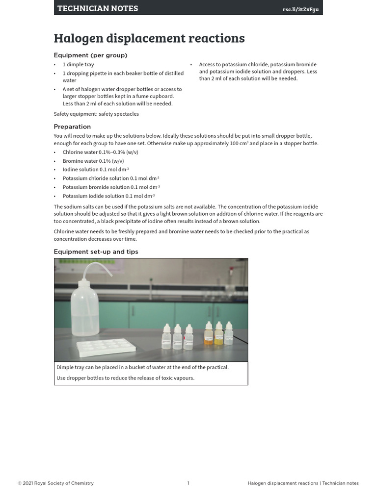 Halogen Displacement Reactions Guide | PDF | Chlorine | Iodine