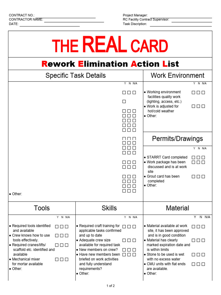 Rework Elemination Action List (REAL) Card | PDF