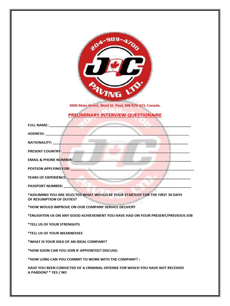 JC Paving Interview Questionnaire | PDF | Criminal Record