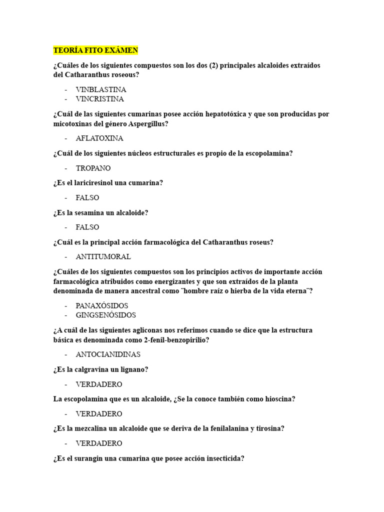 Examen Fito Teoria y PR | PDF | Alcaloide | Flavonoide