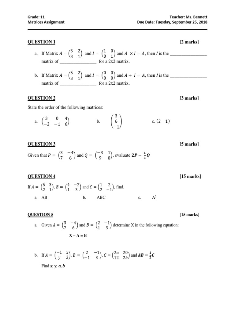 Grade 11 Matrices Assignment | PDF