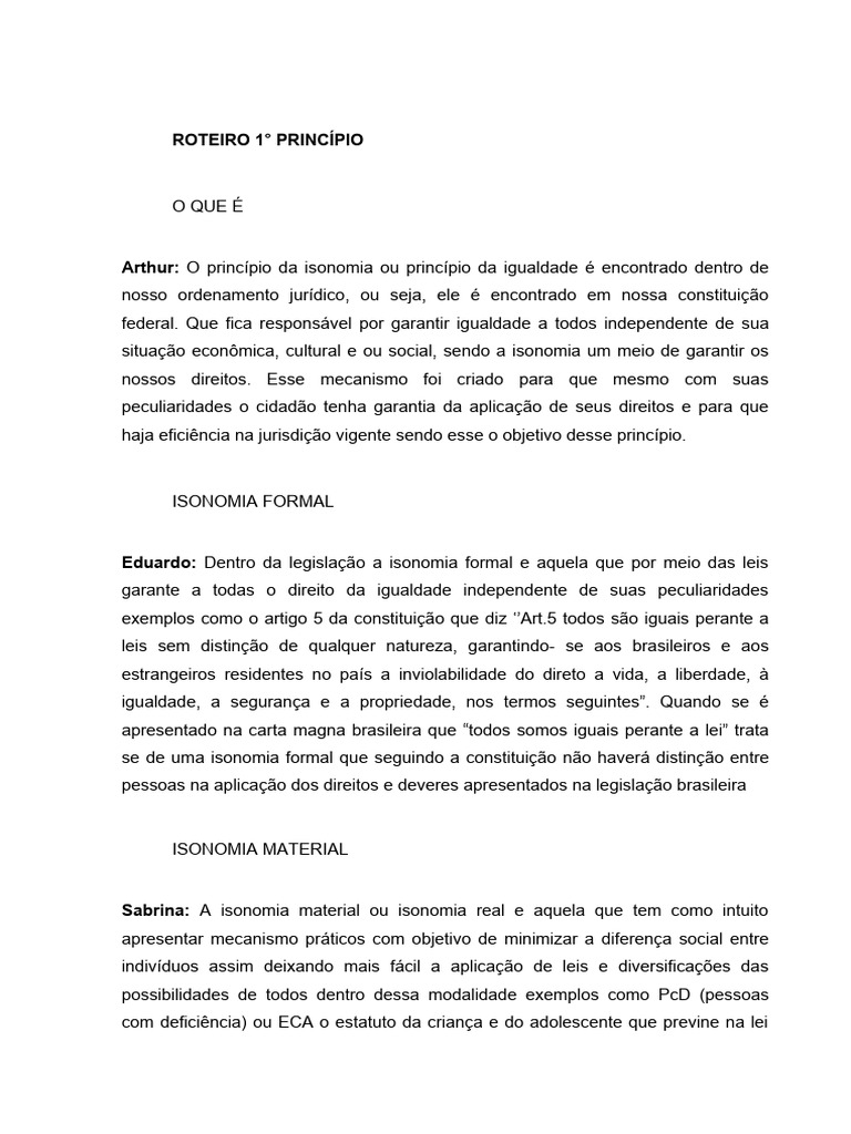 Roteiro Principio Da Isonomia | PDF | Igualdade social | Constituição