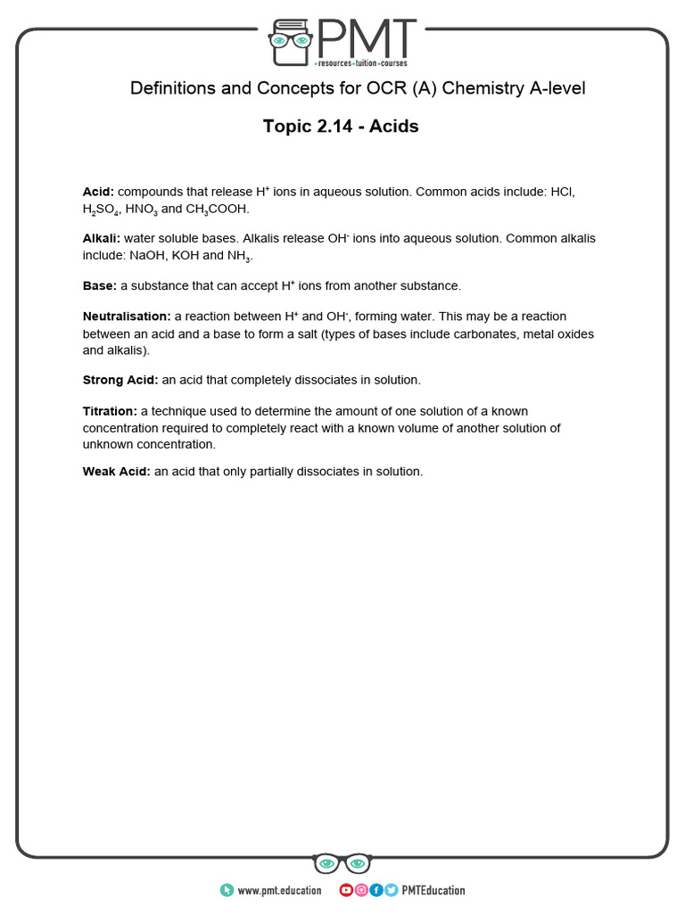 Definitions Topic 2.1.4 Acids OCR A Chemistry A Level | PDF