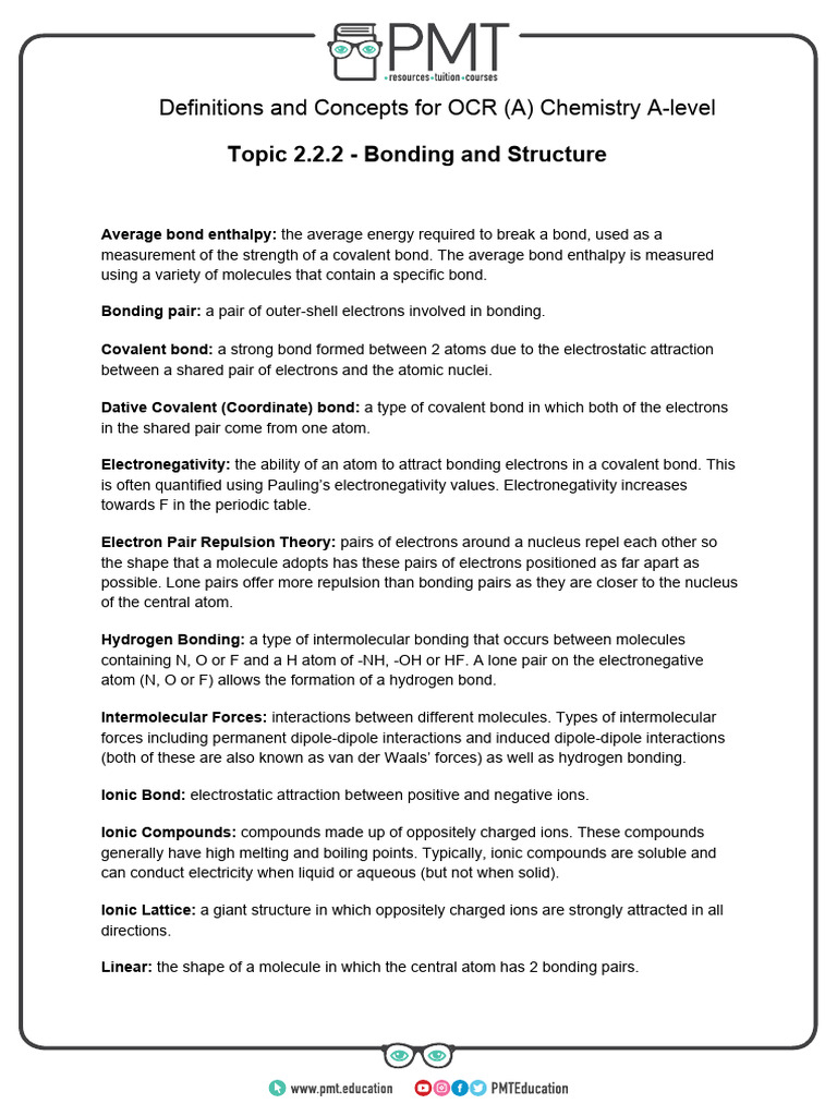 Definitions Topic 2.2.2 Bonding and Structure OCR a Chemistry a Level ...