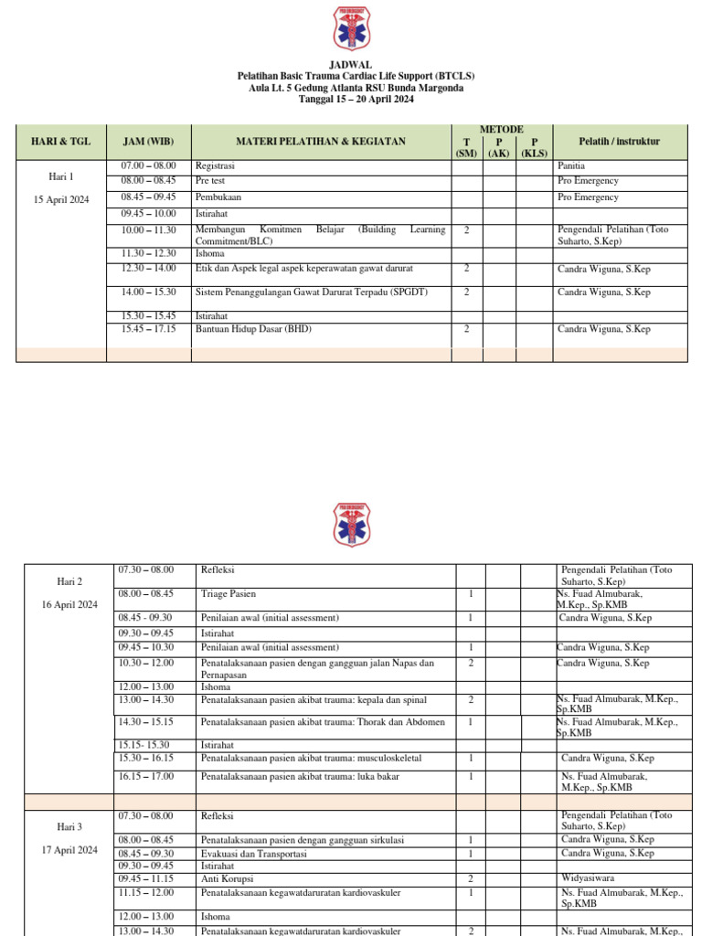 Jadwal Pelatihan BTCLS RSU Bunda Margonda 15-20 April 2024 | PDF