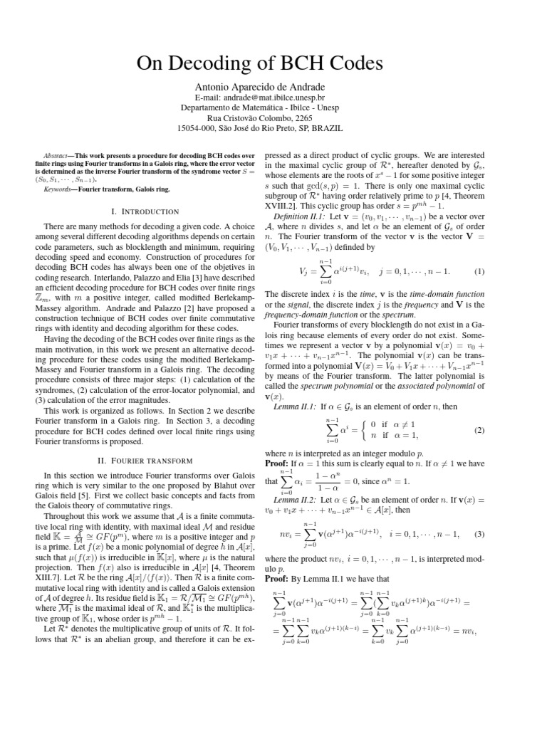 On Decoding of BCH Codes: Antonio Aparecido de Andrade | Download Free PDF | Ring (Mathematics ...