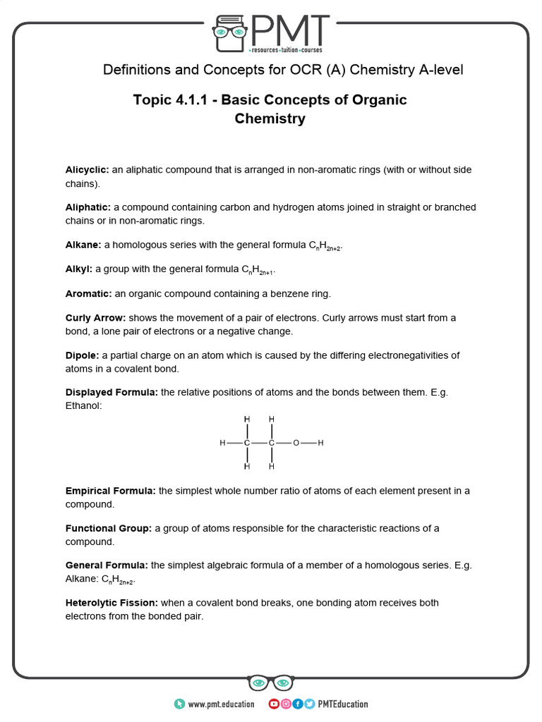 Definitions Topic 4.1.1 Basic Concepts of Organic Chemistry OCR A ...