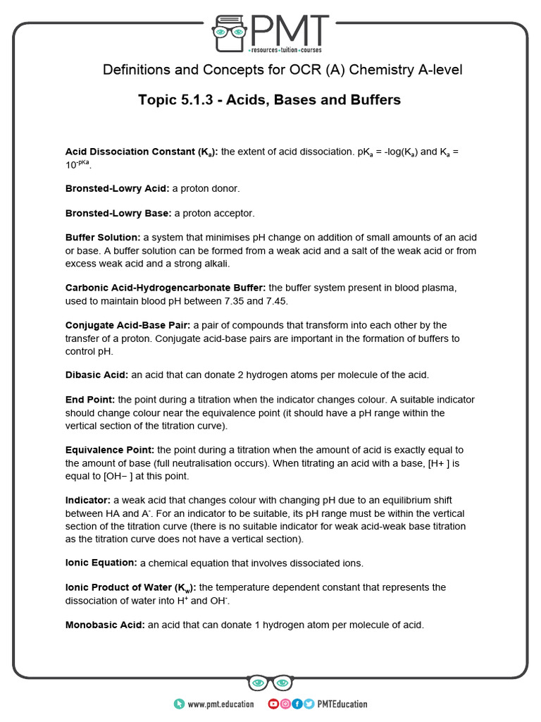 Definitions Topic 5.1.3 Acids Bases and Buffers OCR a Chemistry a Level | Download Free PDF ...