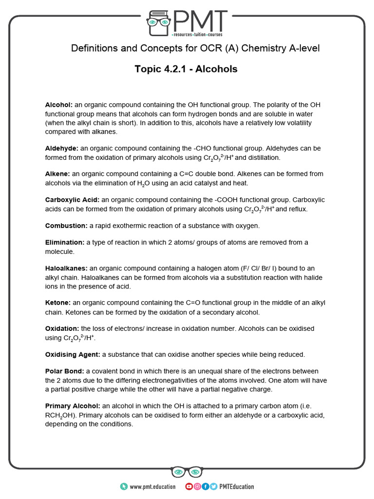 Definitions Topic 4.2.1 Alcohols OCR A Chemistry A Level | PDF | Functional Group | Chemical ...