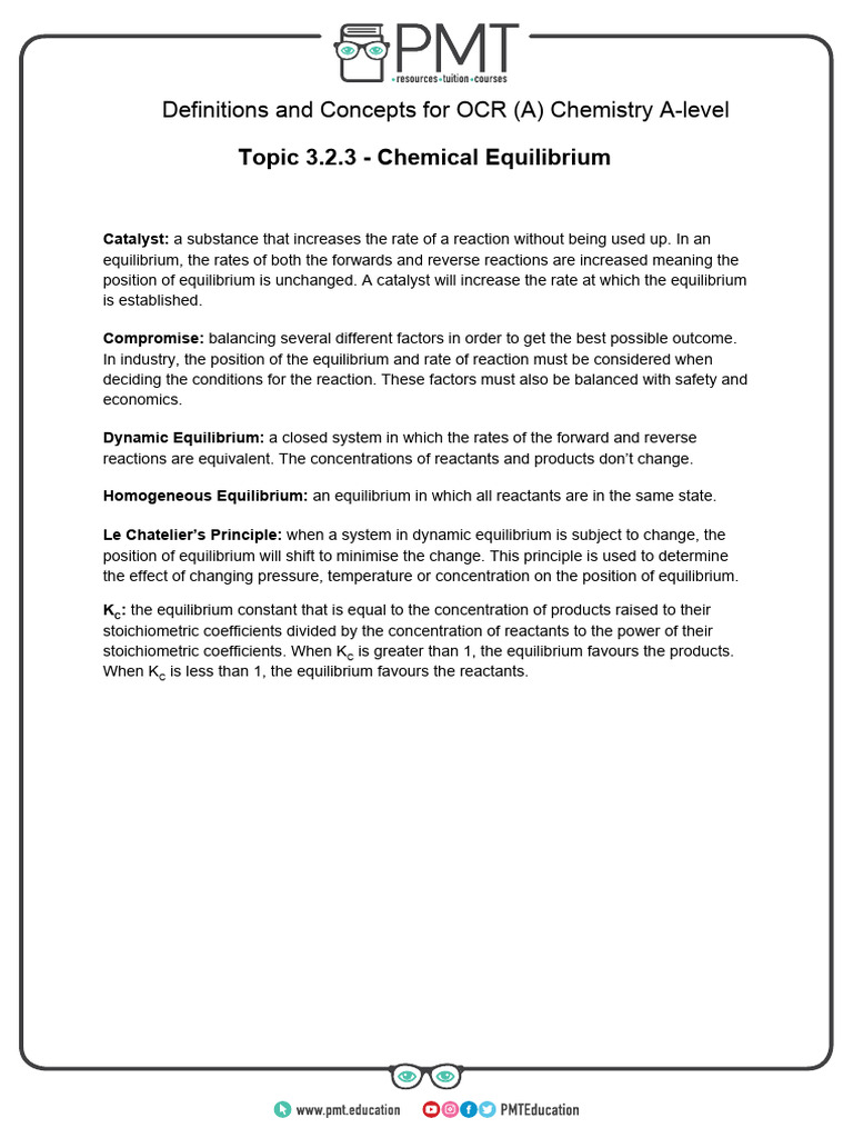 Definitions Topic 3.2.3 Chemical Equilibrium OCR A Chemistry A Level | PDF
