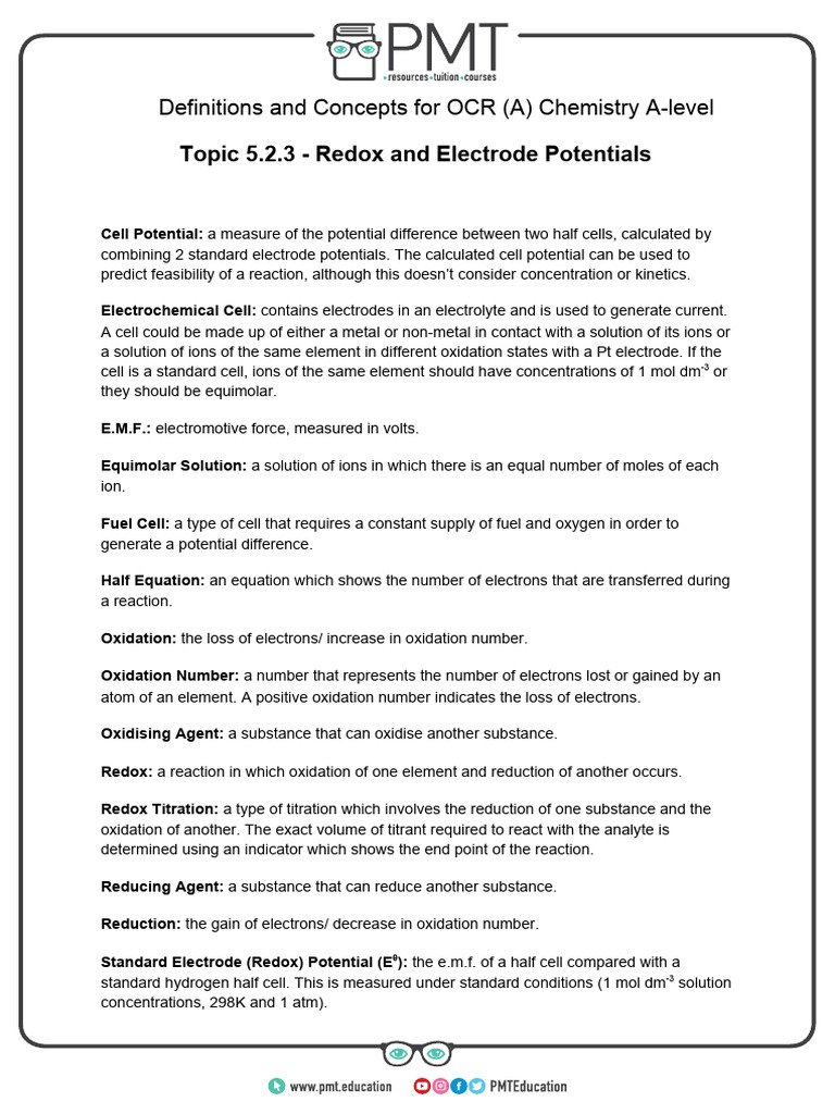 Definitions Topic 5.2.3 Redox and Electrode Potentials OCR A Chemistry A Level | PDF | Redox ...