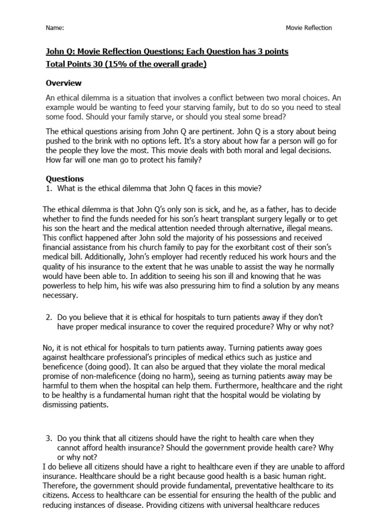 Movie Reflection Assignment Questions | PDF | Medical Ethics | Health Care