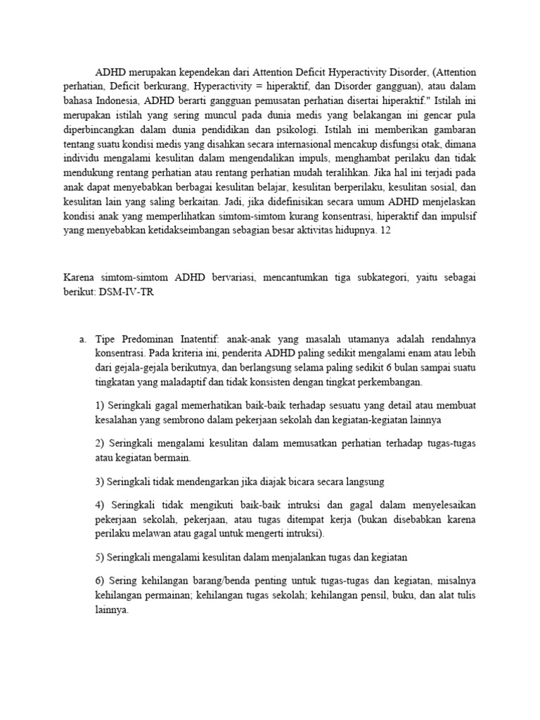 ADHD Merupakan Kependekan Dari Attention Deficit Hyperactivity Disorder | PDF