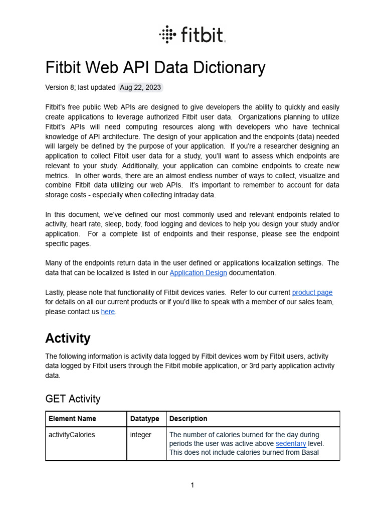 Fitbit Web Api Data Dictionary Downloadable Version 2023 Pdf Fitbit 8869