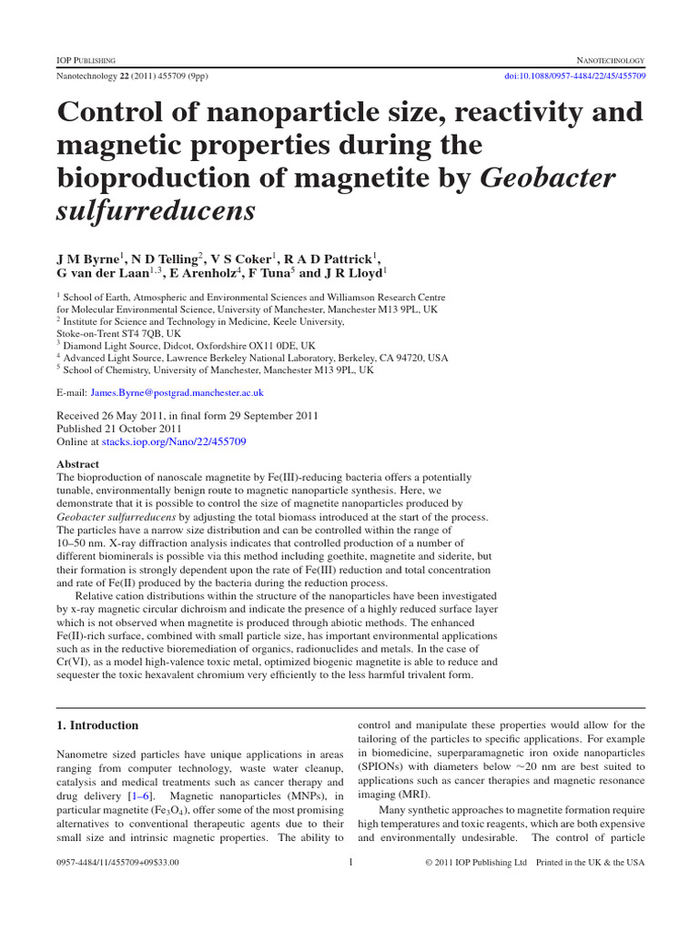 Byrne Et Al - 2011 - IOP Nanotechnology - Control of Particle Size ...