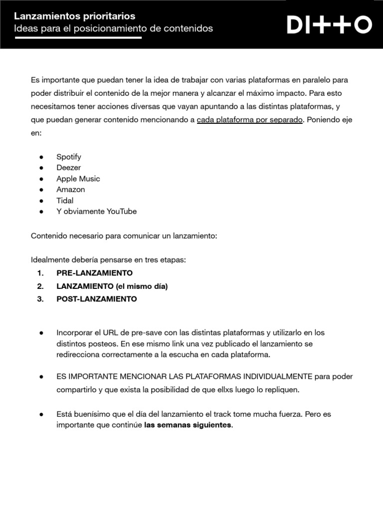 Ideas Posicionamiento Lanzamientos Prioritarios _ DITTO | PDF | Spotify | Youtube