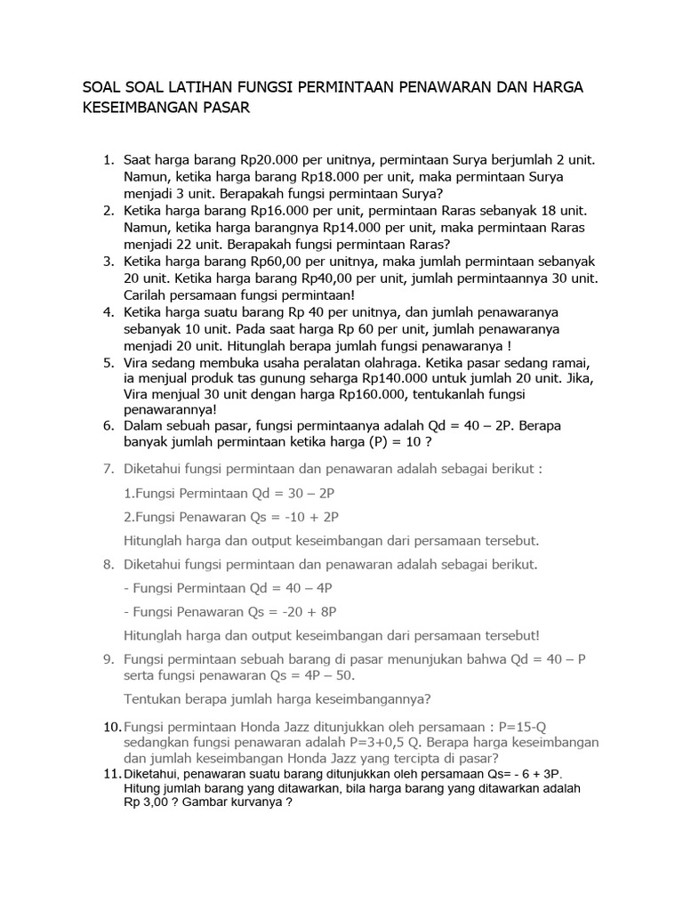 Soall Soal Latihan Fungsi Permintaan Penawaran Dan Harga Keseimbangan | PDF