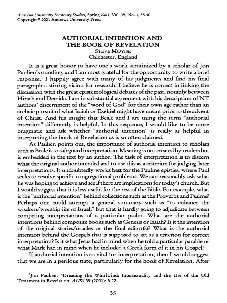 Authorial Intention and The Book of Revelation - Steve Moyise. | PDF ...