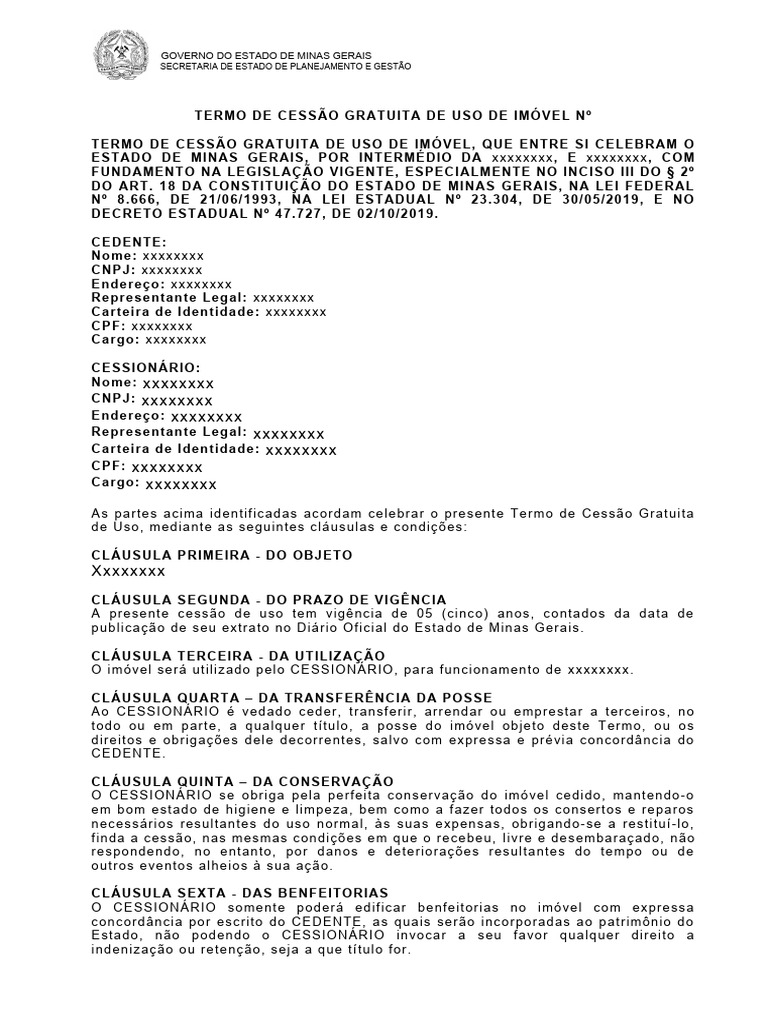 Modelo Minuta De Termo De Cessao Permissao Autorizacao De Uso De Imovel