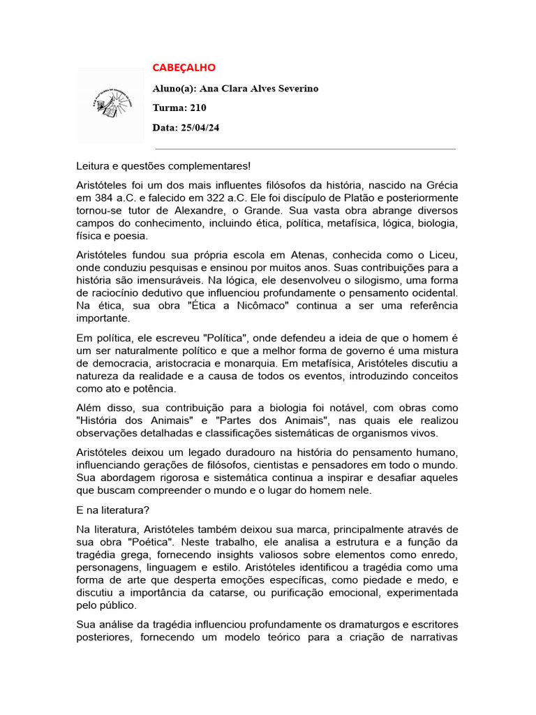 Leitura e Questões Complementares Postadas em 22 04 2024 Sem Gabarito | PDF | Aristóteles ...