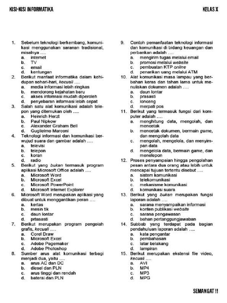 Kisi-Kisi Informatika Kelas X | PDF