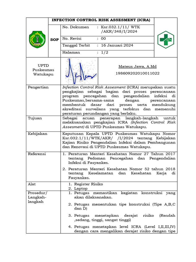 Sop Infection Control Risk Assesment | PDF