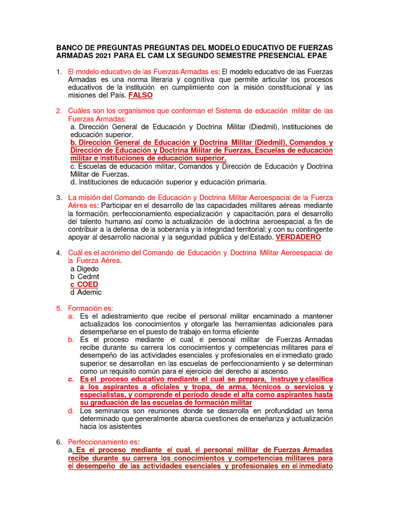 Preguntas Del Modelo Educativo de Fuerzas Armadas 2021 para El Cam LX ...