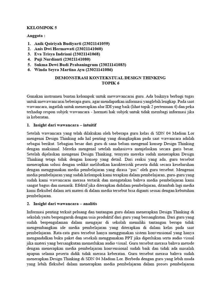 Kelompok 5 - Demonstrasi Kontekstual - Topik 6 - Design Thinking | PDF