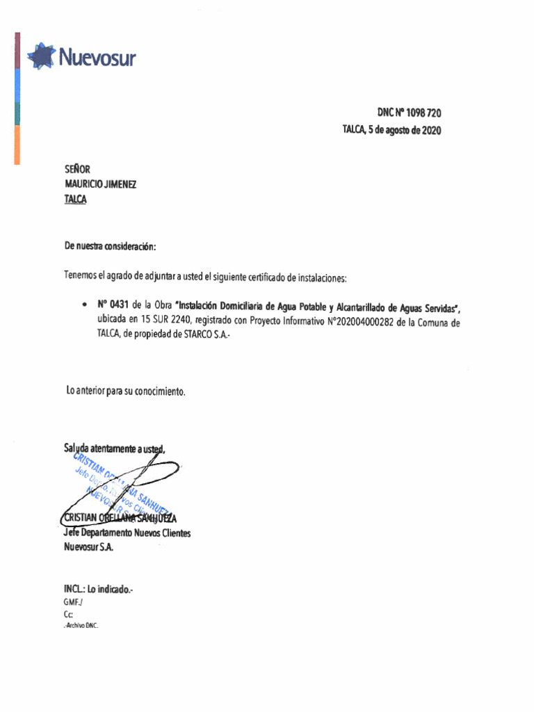 Certificado de Instalación Domiciliaria - DNC 1098 720 | PDF