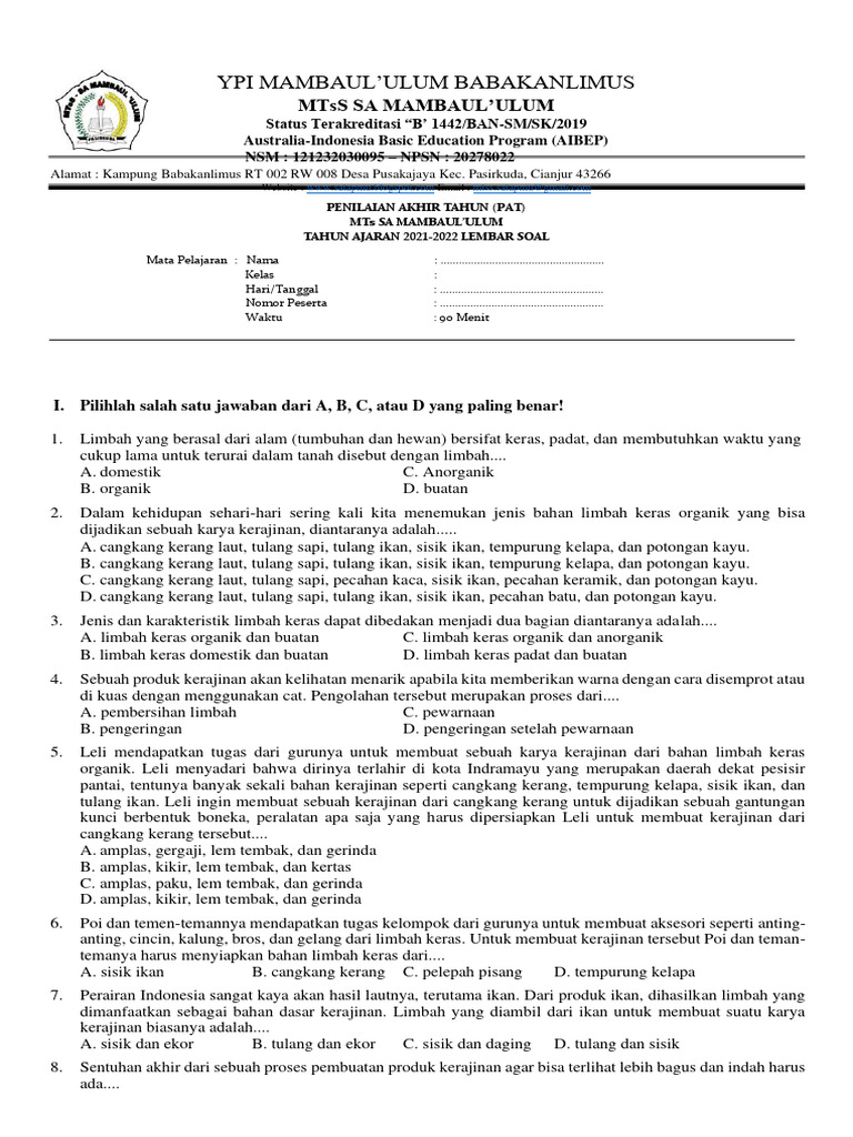 Soal Pat Prakarya Kelas 8 Semester Genap | PDF