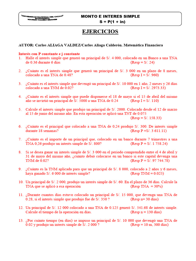 Ejercicios de Interés Simple y Monto | PDF | Bancos | Finanzas y dinero
