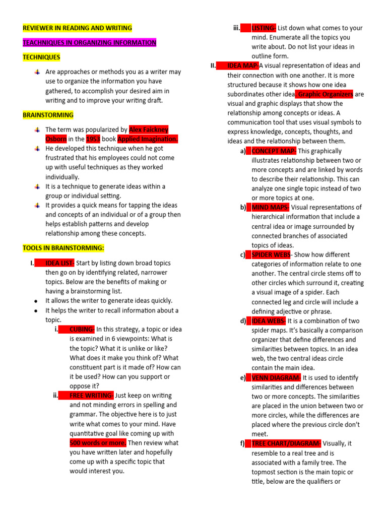 Reviewer in Reading and Writing | PDF | Idea | Brainstorming