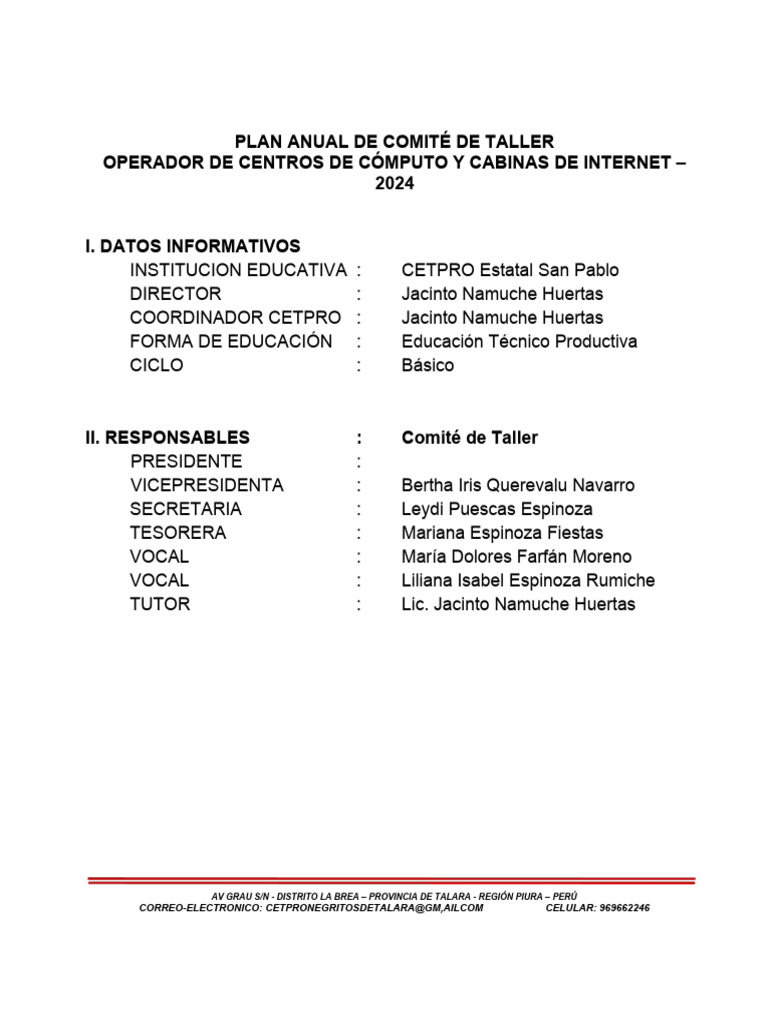 Plan de Comite de Aula Taller Cetpro 2024 | PDF | Aprendizaje