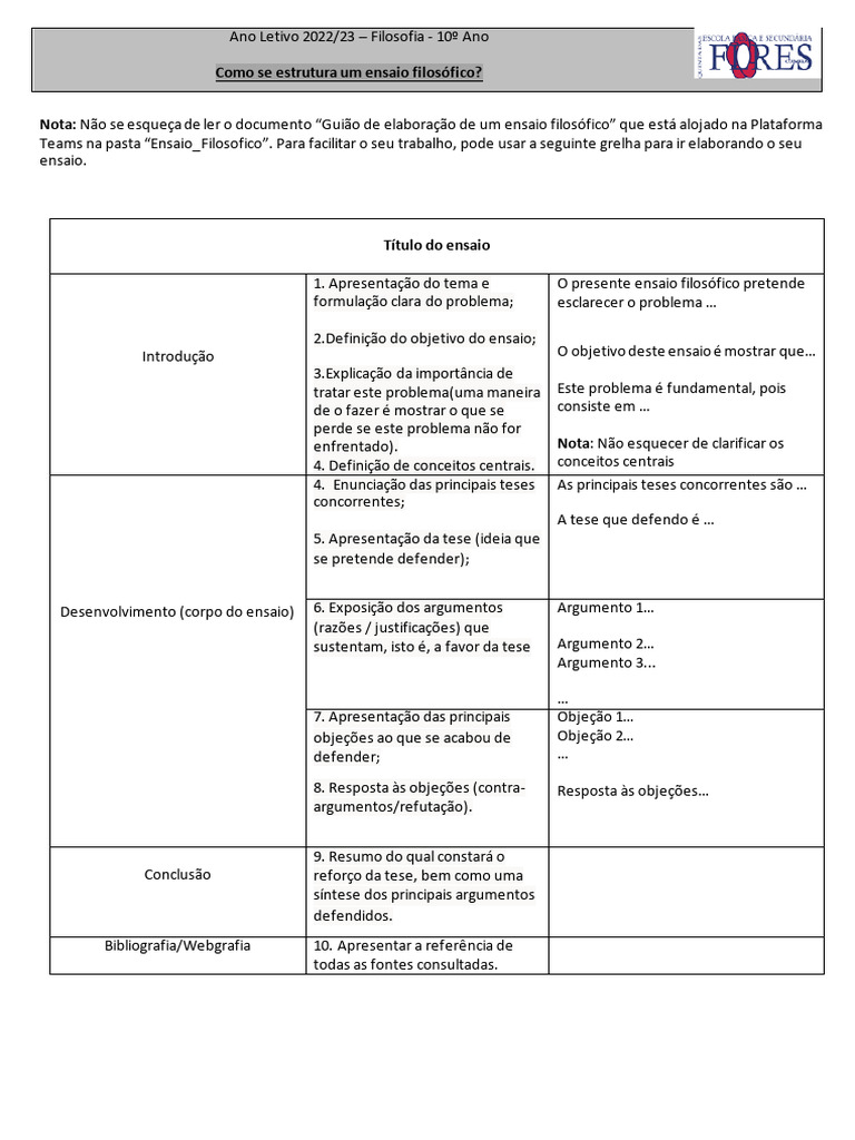 Estrutura do Ensaio Filosófico 10º Ano | PDF | Argumento | Teses