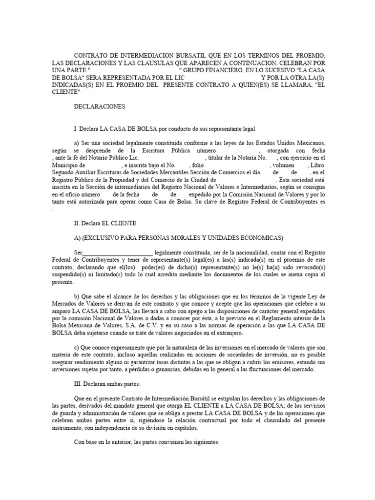 Contrato de Intermediacion Bursatil Que en Los Terminos Del Proemio ...