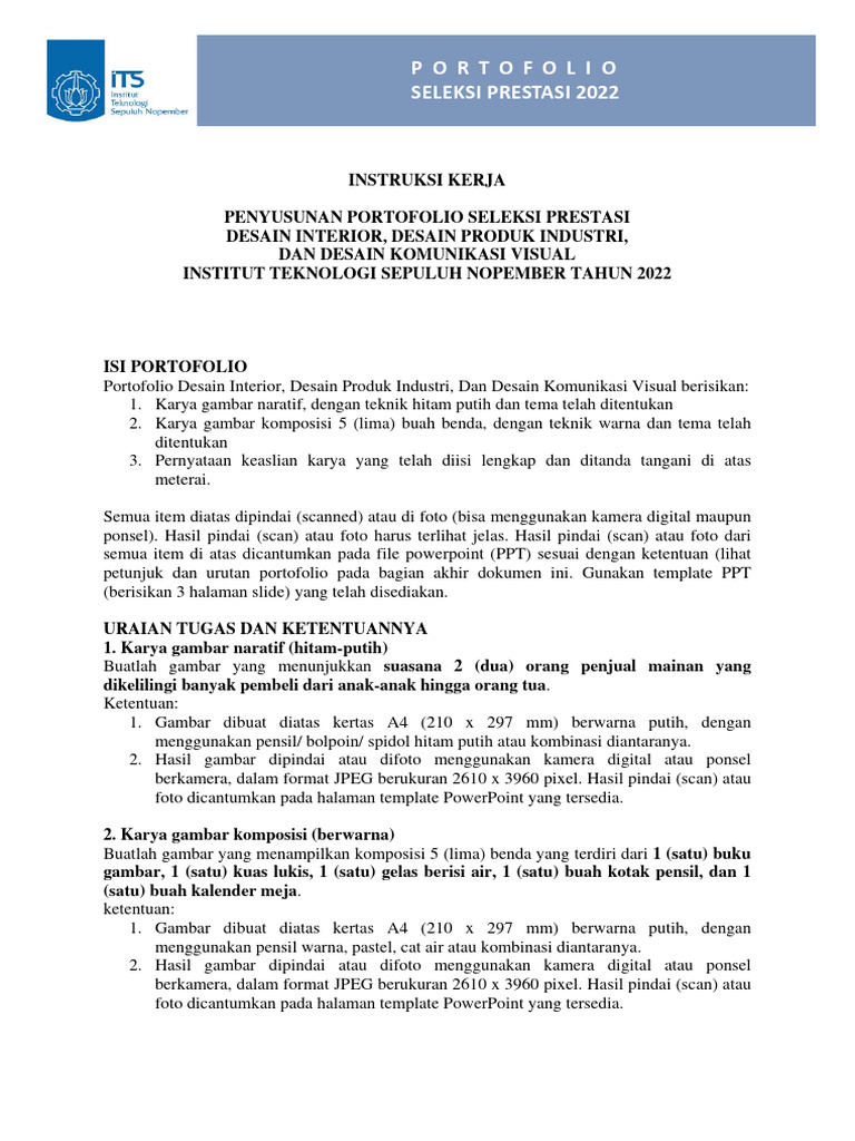 Instruksi Kerja Portofolio Gambar Seleksi Prestasi ITS 2022 | PDF | Seni