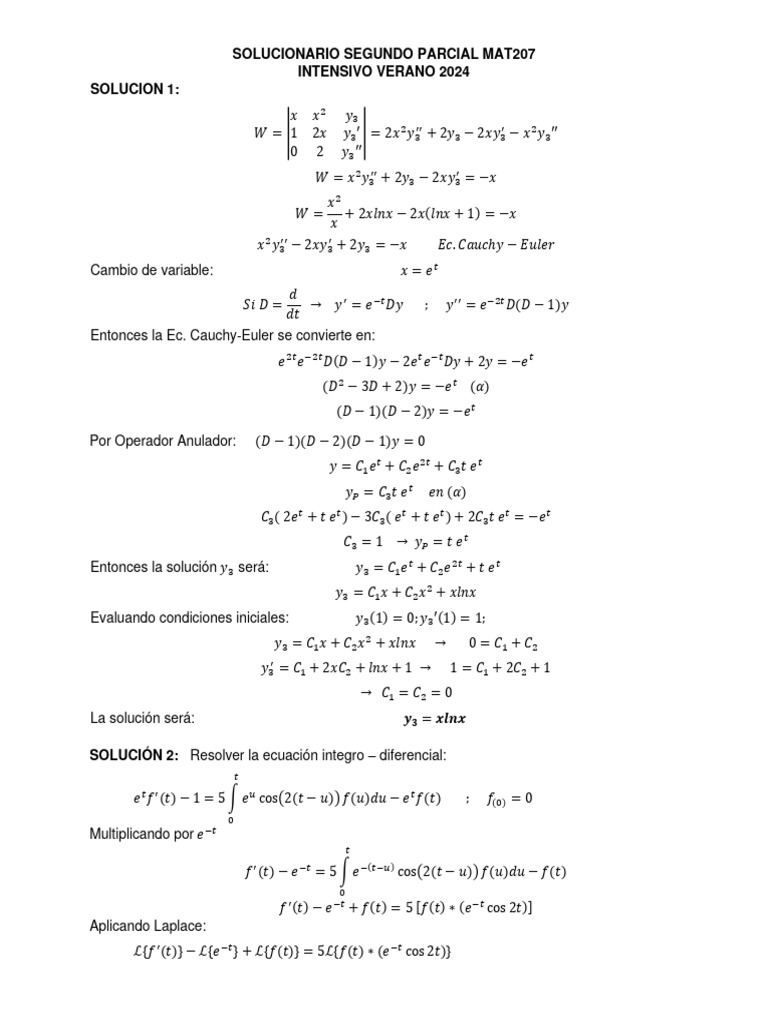 SOLUCIONARIO EXAMEN MAT 207 SEGUNDO PARCIAL VERANO 2024 | PDF